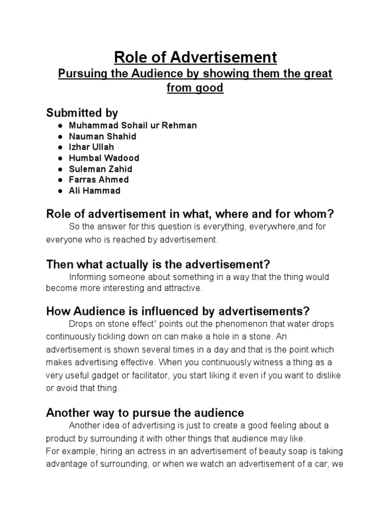 Role of Advertisement | PDF | Advertising | Behavior
