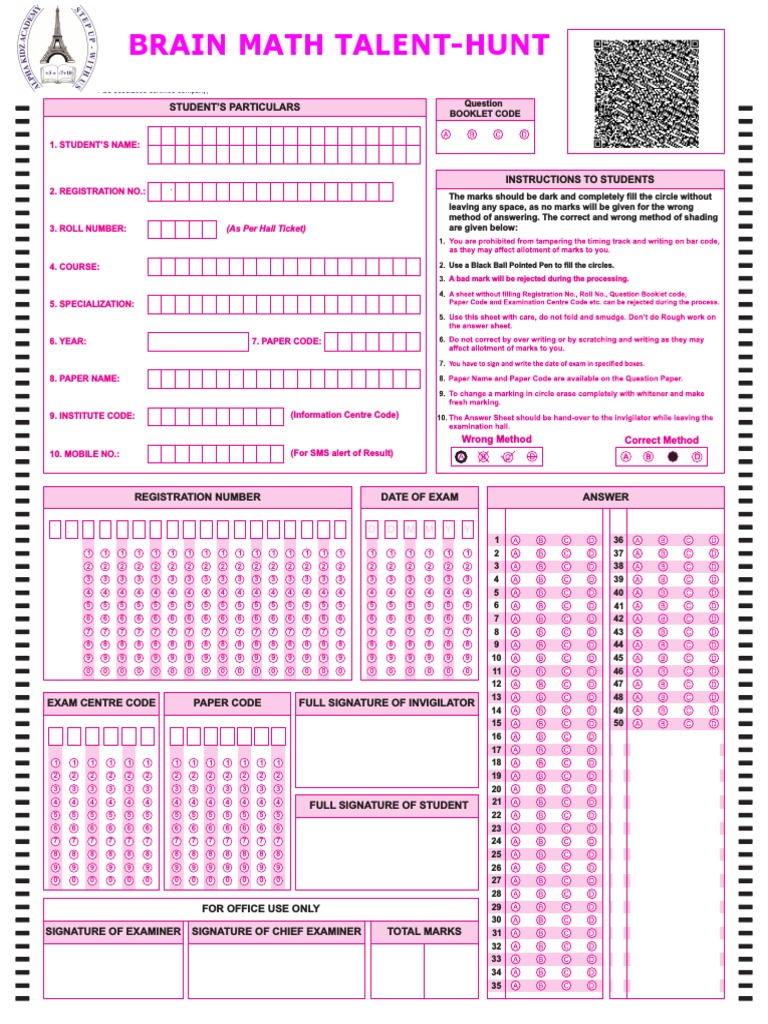 Brain Math Talent-Hunt: Sample Omr Sheet For Practice | PDF | Learning