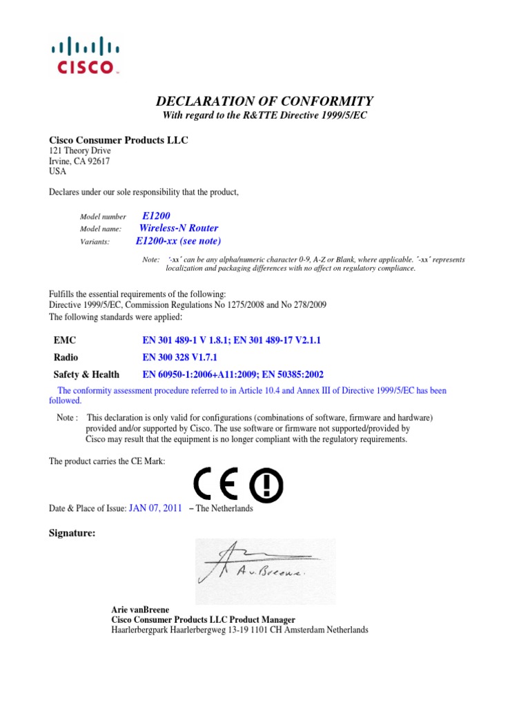 Declaration of Conformity: Cisco Consumer Products LLC | PDF ...