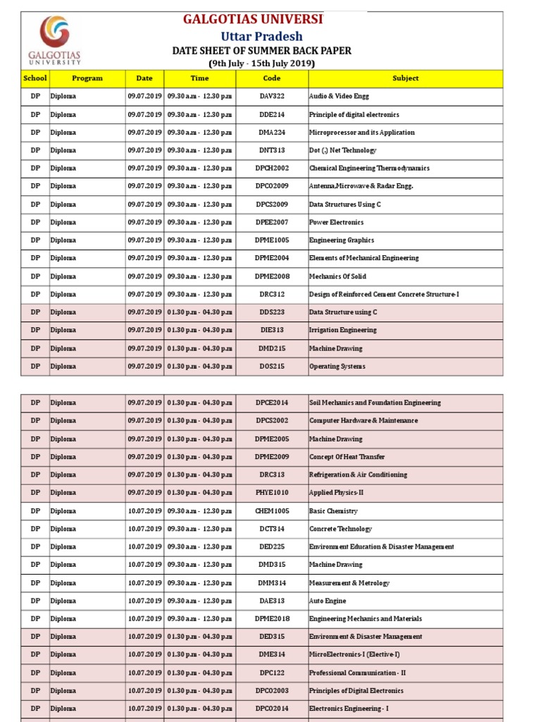 Summer Back Paper Date Sheet | PDF | Forensic Science | Mechanical ...
