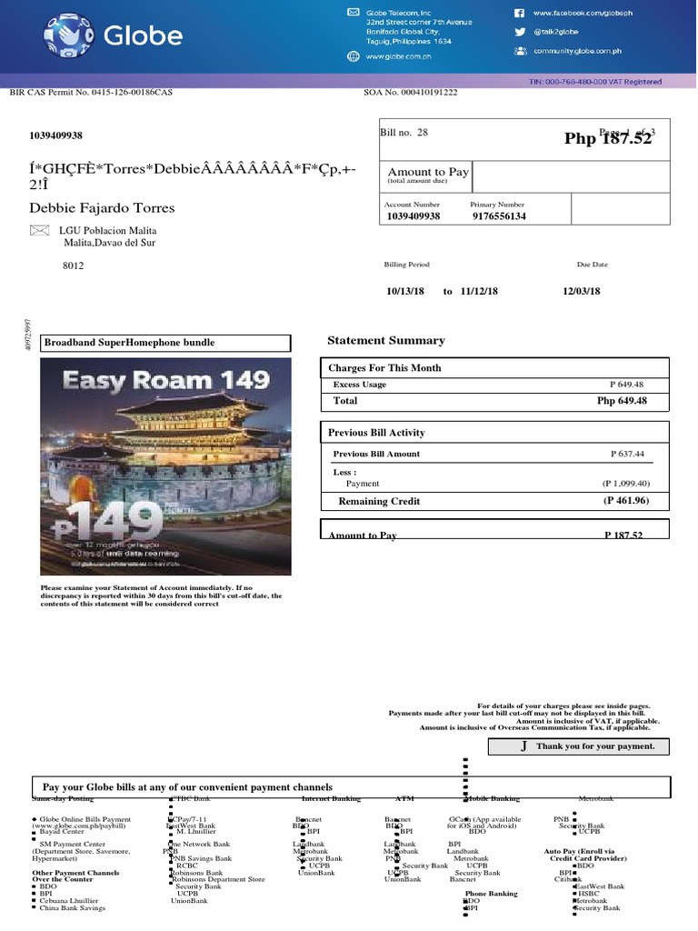 Globe Bill | PDF | Payments | Banks