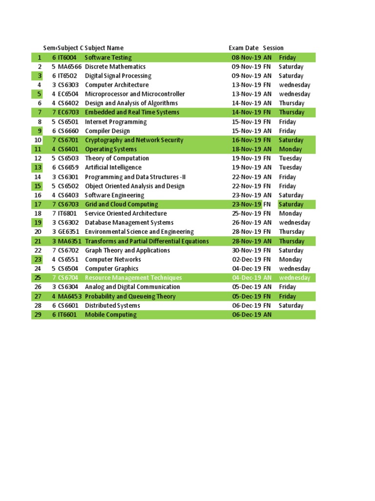 Cse Nov Dec 2019 Examitme Table | PDF | Applied Mathematics ...