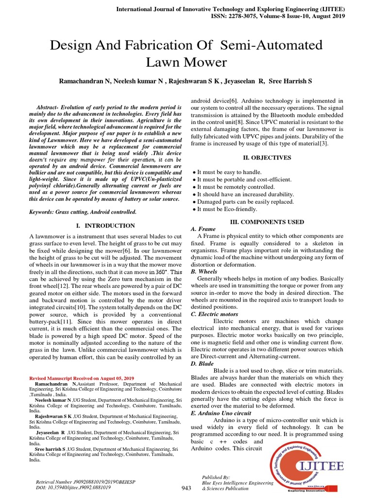 Design and Fabrication of Semi Automated Lawn Mower | PDF | Lawn Mower ...