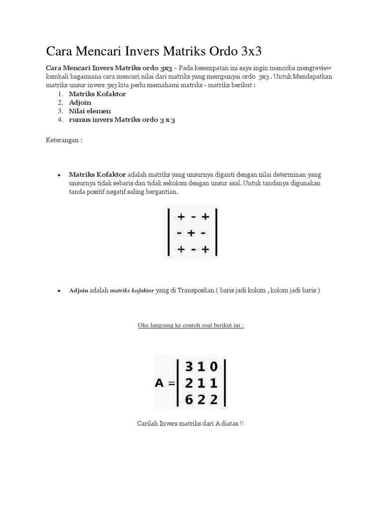 Cara Mencari Invers Matriks Ordo 3x3 | PDF | Metode & Bahan Ajar