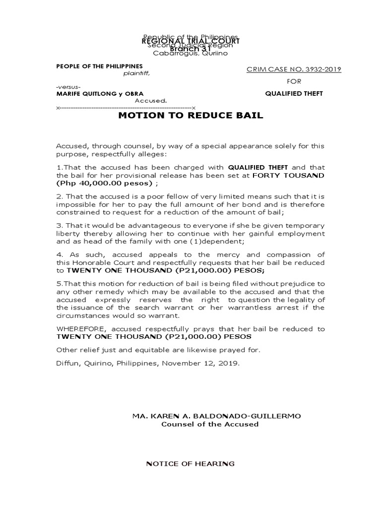 Motion To Reduce Bail | PDF | Bail | Search Warrant