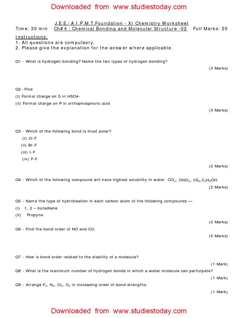 CBSE Class 11 Chemistry Worksheet - Chemical Bonding and Molecular ...