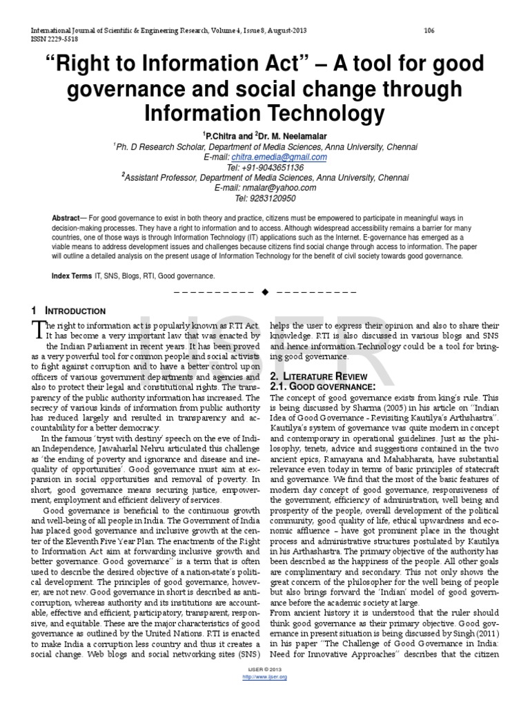 Right To Information Act A Tool For Good Governance and Social Change ...