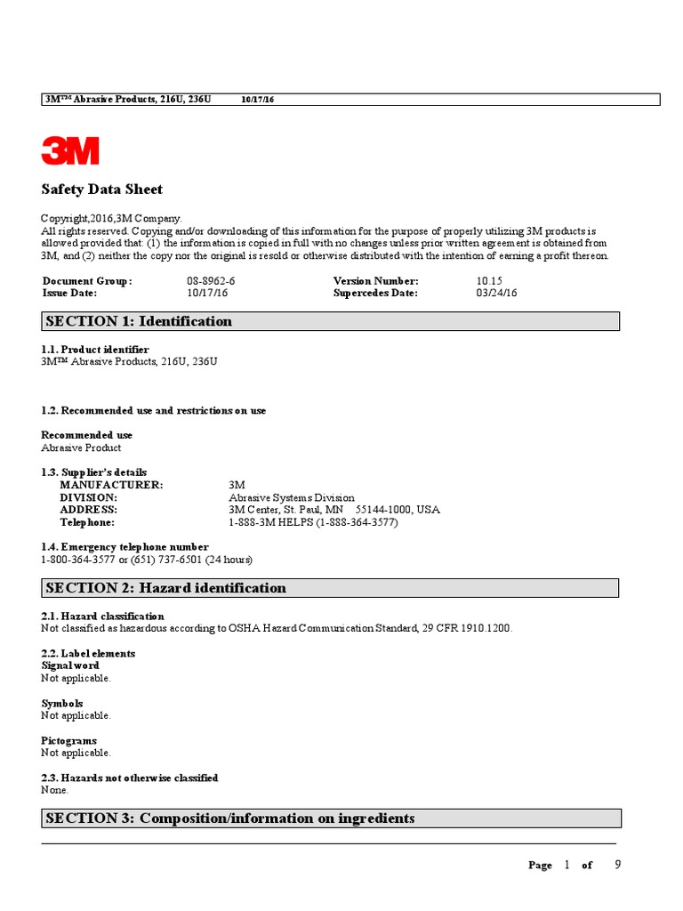 Safety Data Sheet: 3M™ Abrasive Products, 216U, 236U | PDF | Toxicity ...