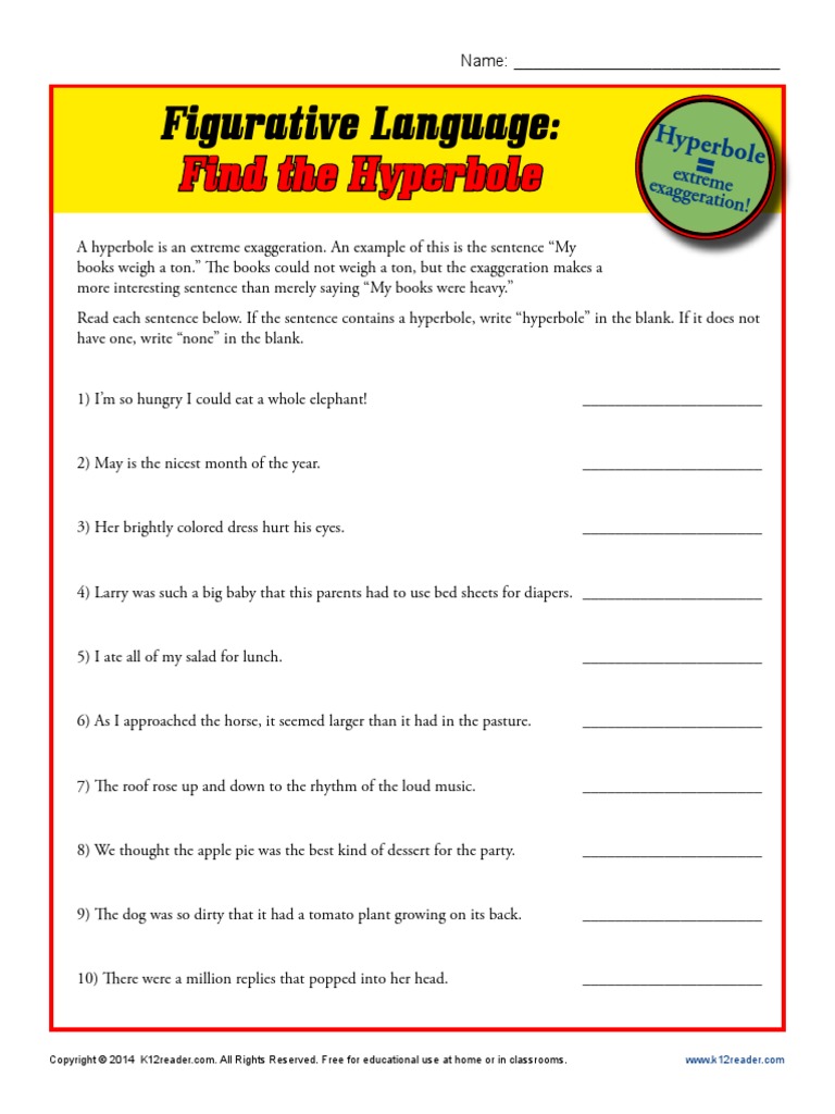 Figurative Language Find The Hyperbole PDF | PDF