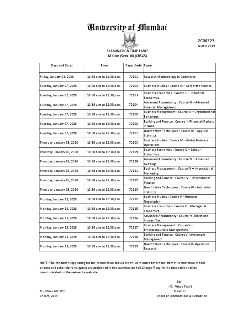 University of Mumbai: Examination Time Table | PDF | Accounting | Business
