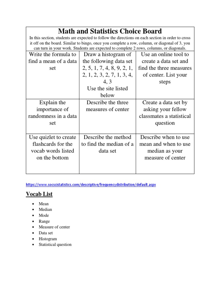 Math and Statistics Choice Board Activities | PDF