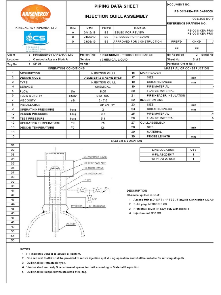 Injection Quill Assembly Piping Data Sheet | PDF | Pipe (Fluid ...