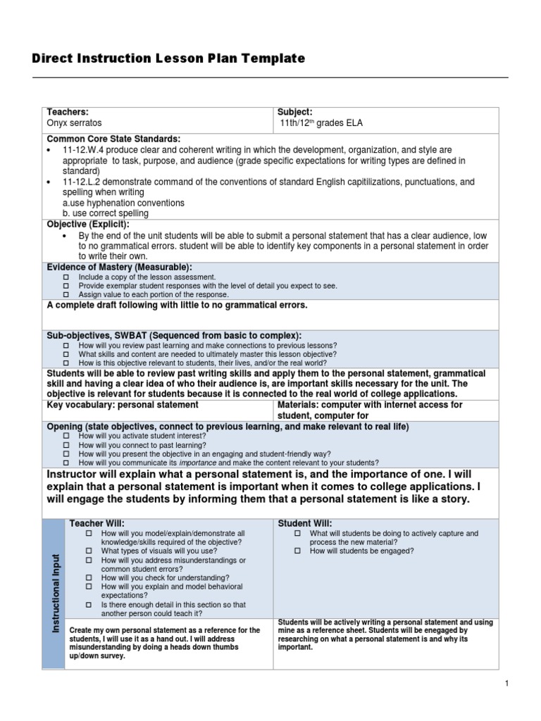 Direct Instruction Lesson Plan Template | PDF | English As A Second Or ...