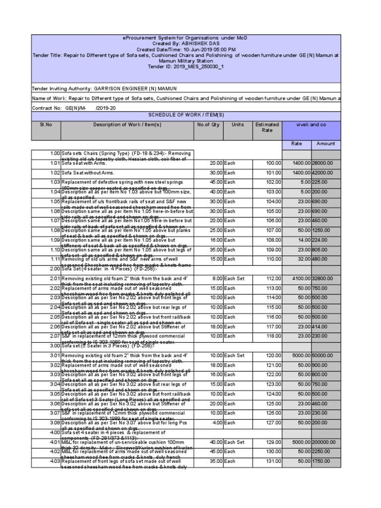 Boq Comparative Chart | PDF | Chair | Couch
