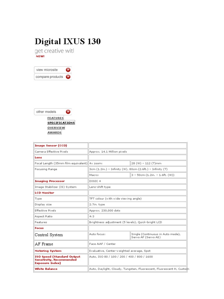 Canon IXUS 130 Specifications Overview | PDF | Film Speed | Autofocus