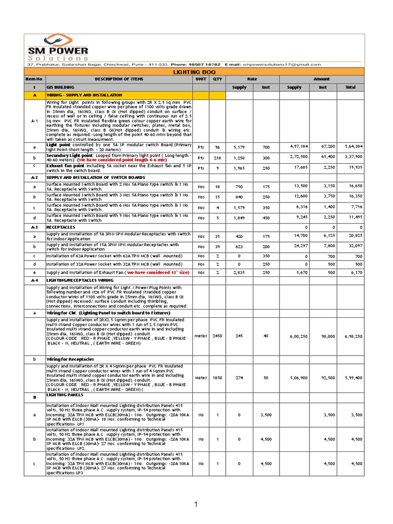 Lighting BOQ Offer 14.11.19 | PDF | Electrical Wiring | Alternating Current