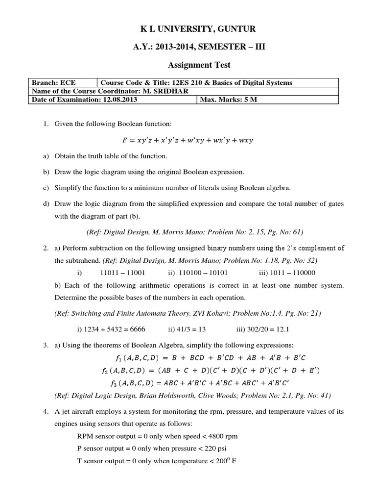 Digital Logic Design Assignment Boolean Logic Functions Binary 2983
