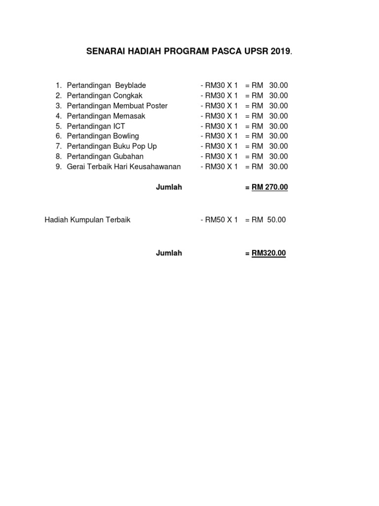 Senarai Hadiah Program Pasca Upsr 2019 | PDF