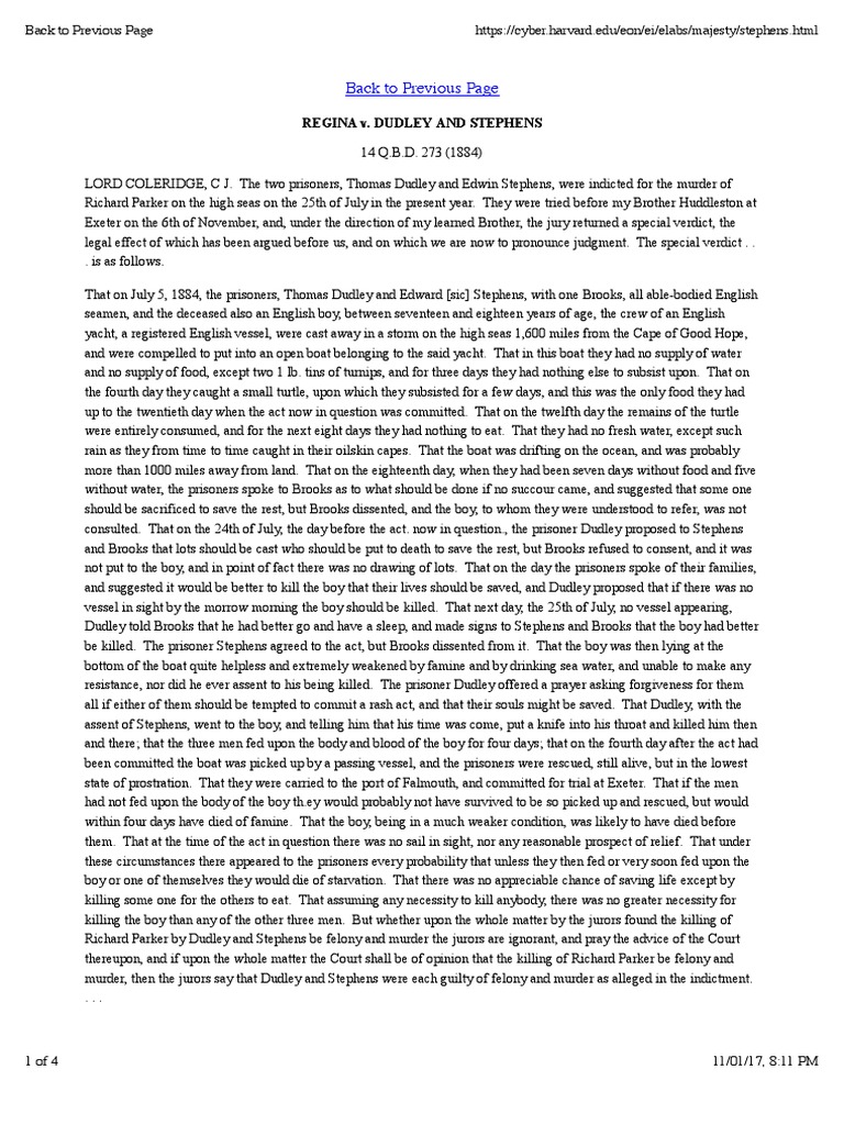 Regina vs. Dudley - Stephens 14 Q.B.D. 273 (1884) PDF | PDF | Assault ...