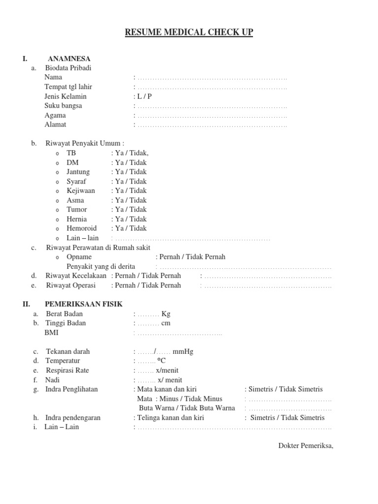 Resume Hasil Medical Check Up Karyawan | PDF