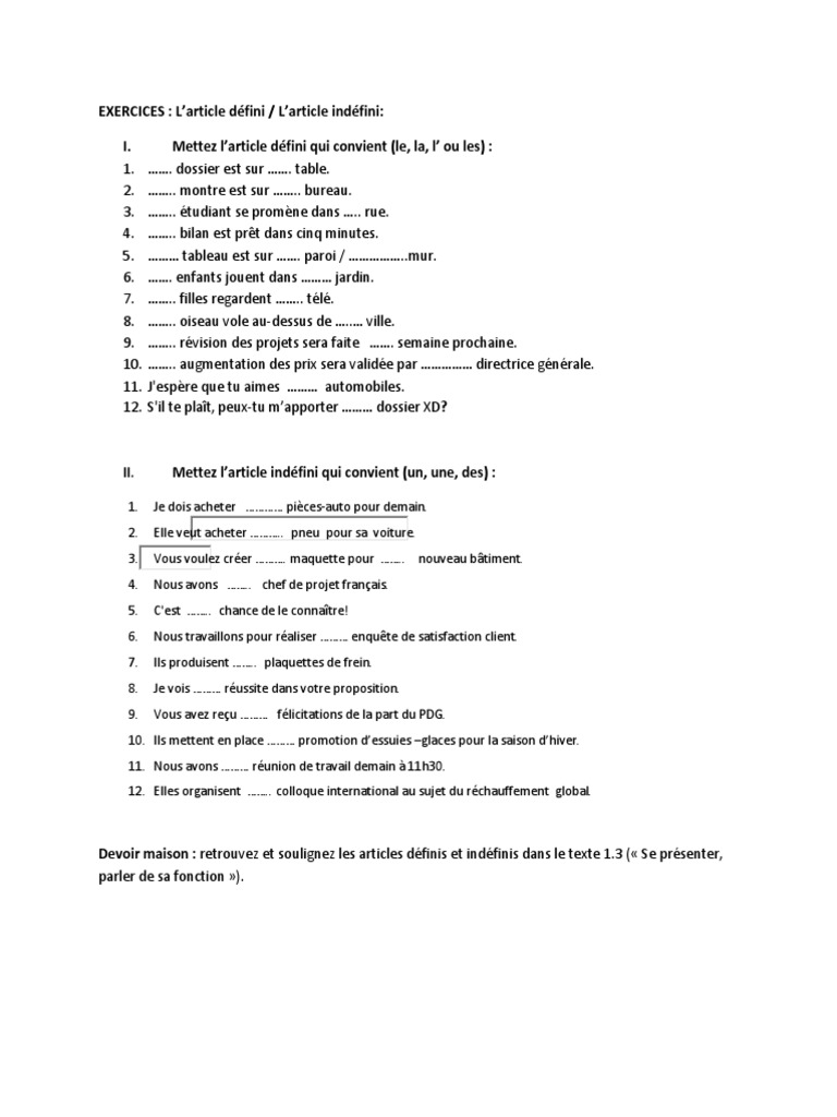 Exercices Articles Definis - Indefinis | PDF