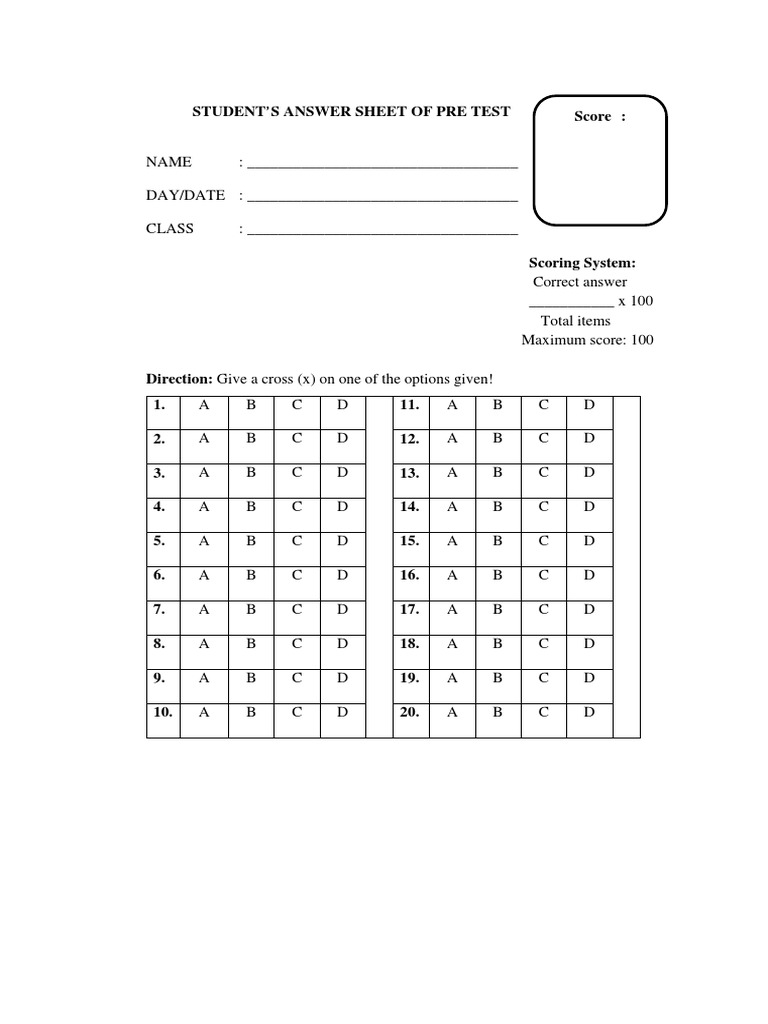 Students' Answer Sheet of Pretest | PDF