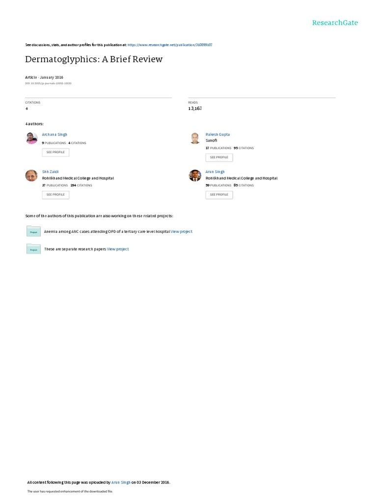 Dermatoglyphics: A Brief Review: January 2016 | PDF | Fingerprint ...