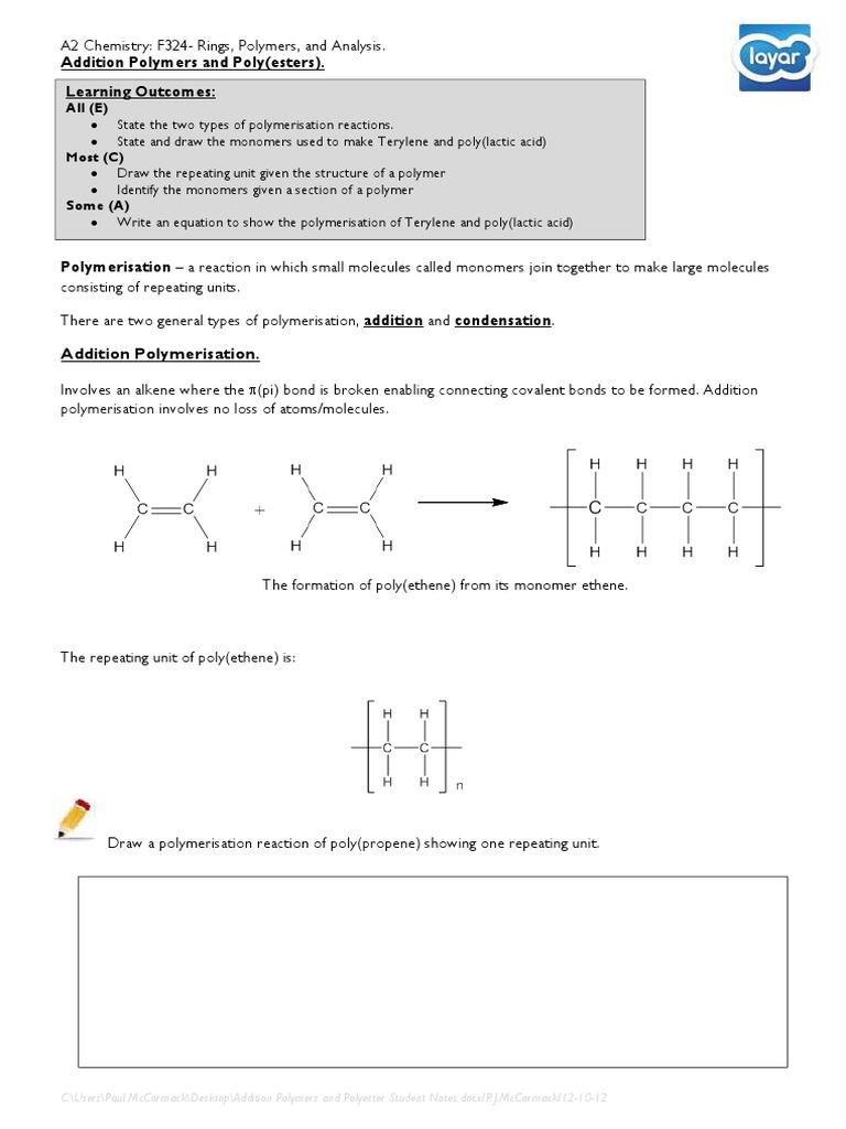 Addition Polymers and Polyester Student Notes | PDF | Polymerization ...