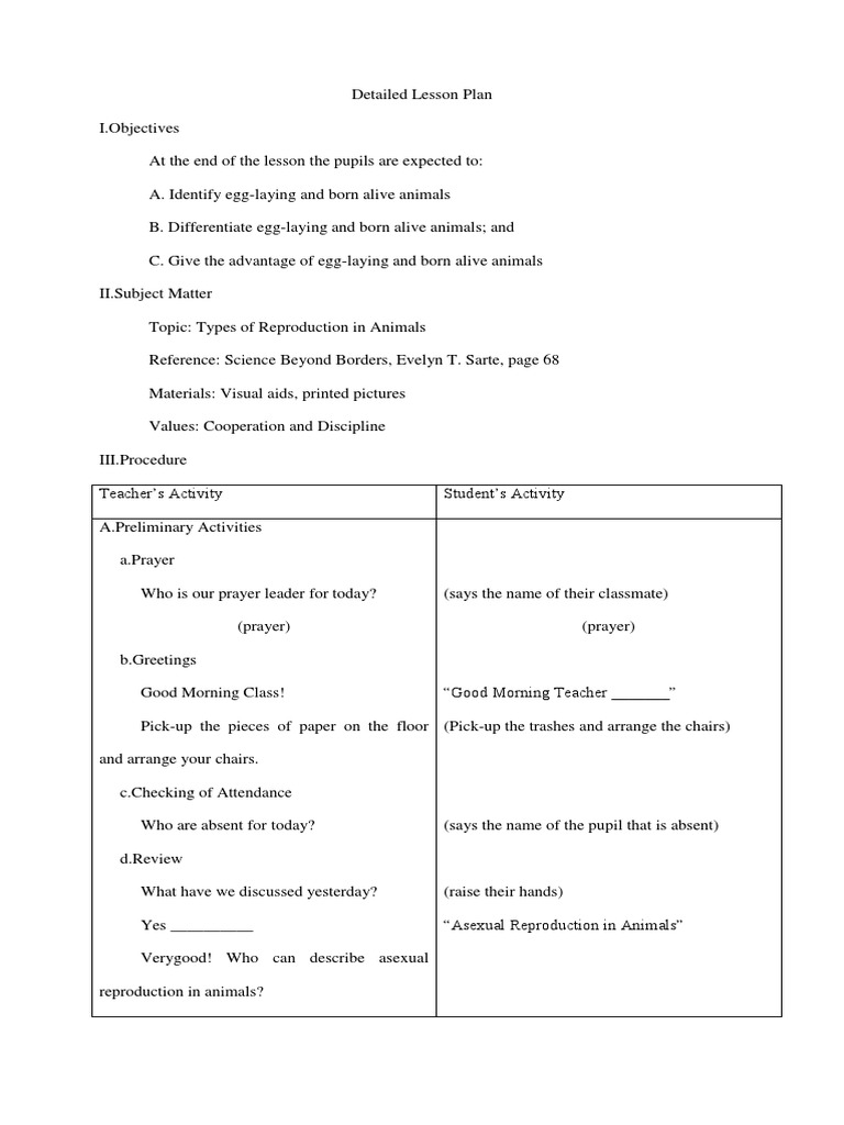 Detailed Lesson Plan | PDF | Egg | Reproduction