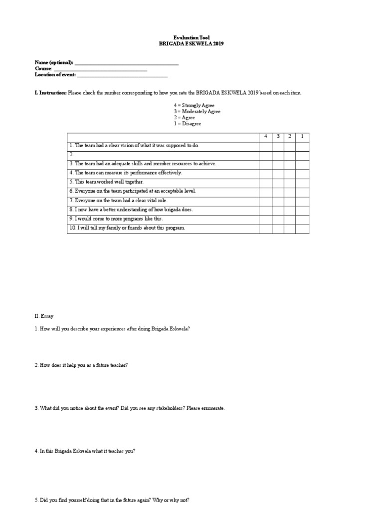 Brigada Evaluation Tool Sample | PDF | Education Theory | Communication