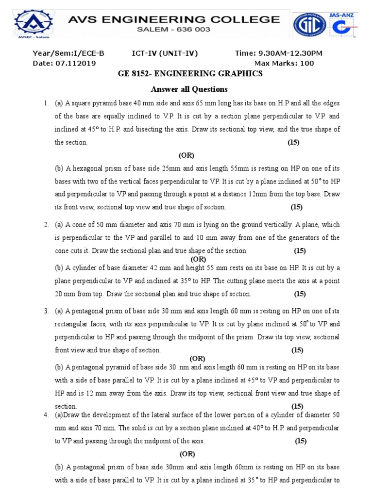Engineering Graphics Exam Questions | PDF | Perpendicular | Euclidean ...