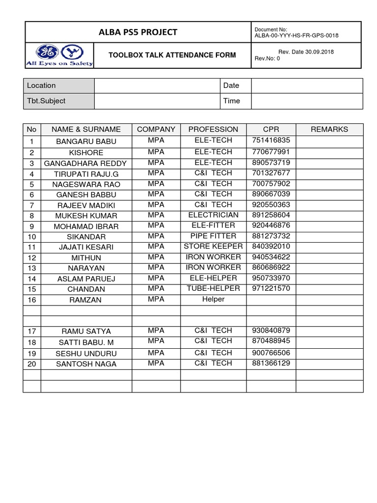 Alba Ps5 Project: Toolbox Talk Attendance Form | PDF