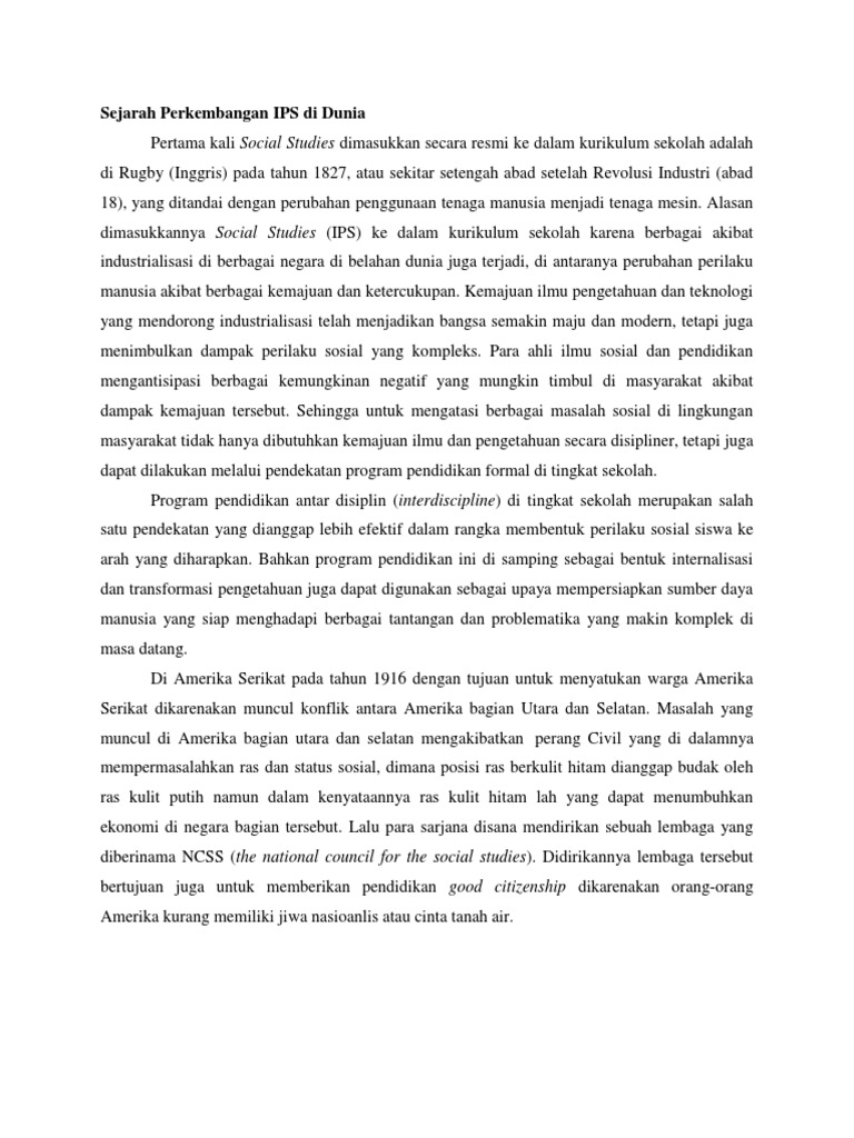 Sejarah Perkembangan Pelajaran Ips Di Dunia Dan Di Indonesia | PDF