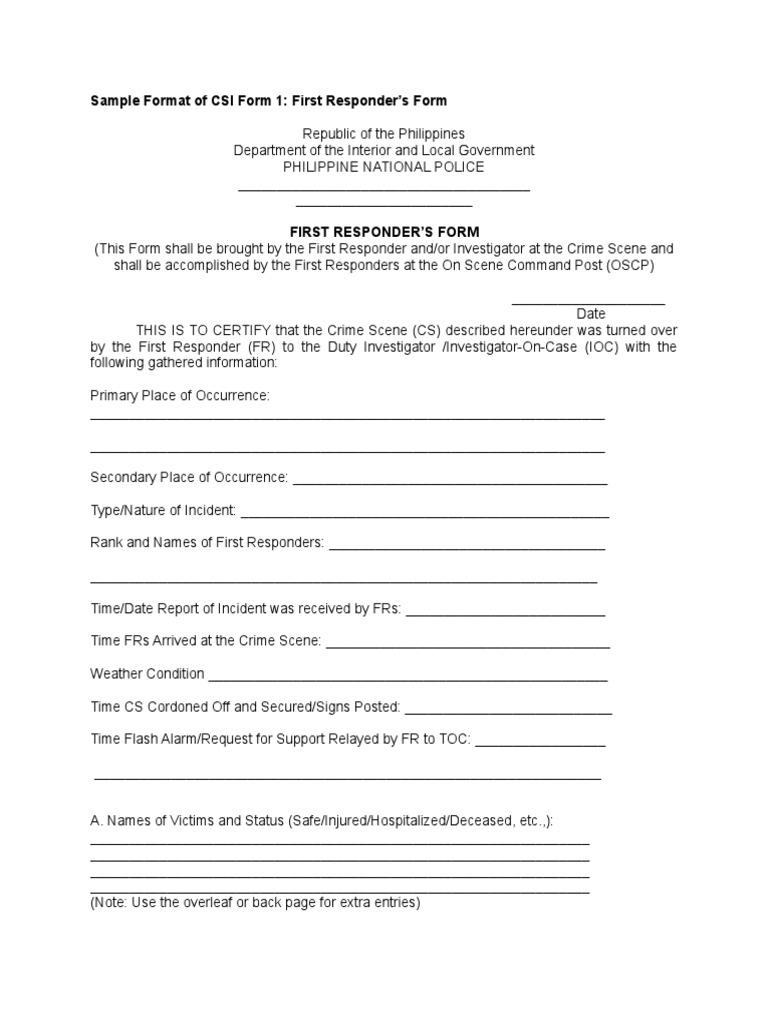 Sample Format of CSI Form 1 First Responder's Form | PDF | Crime Scene ...