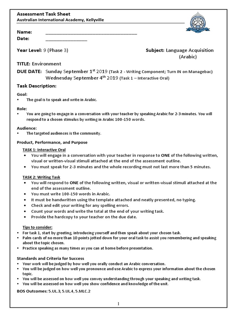 Assessment Task Sheet: Australian International Academy, Kellyville ...