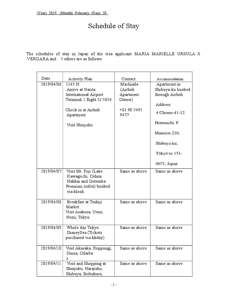 Japan Visa Applicant Stay Schedule | PDF