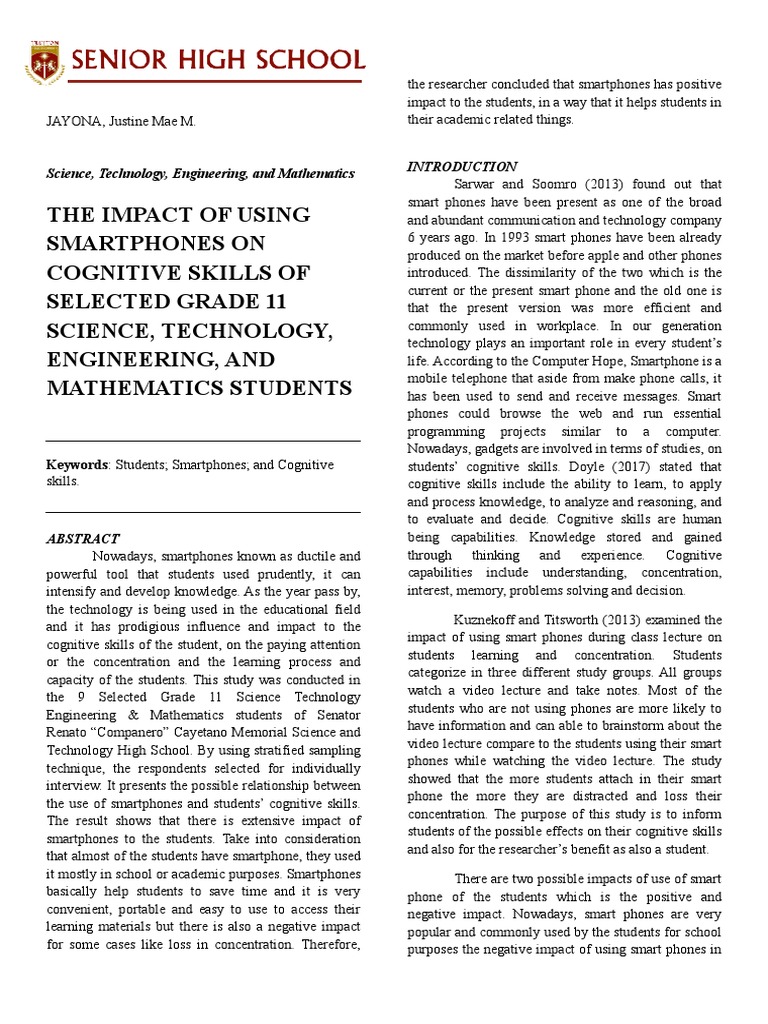 The Impact of Using Smartphones On Cognitive Skills of Selected Grade ...