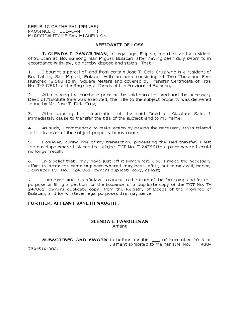 Affidavit of Loss: Lost Title and Request for Issuance of Duplicate ...