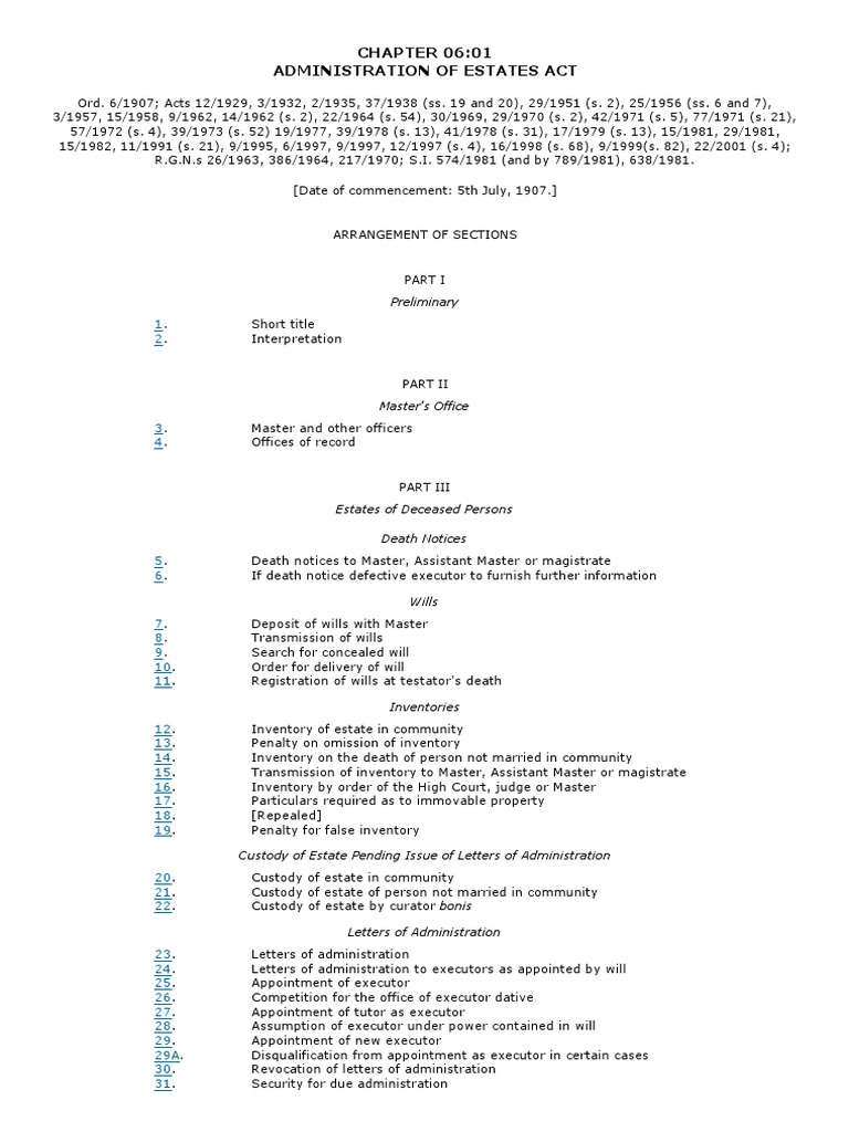 CHAPTER 06:01 Administration of Estates Act: Preliminary | PDF ...