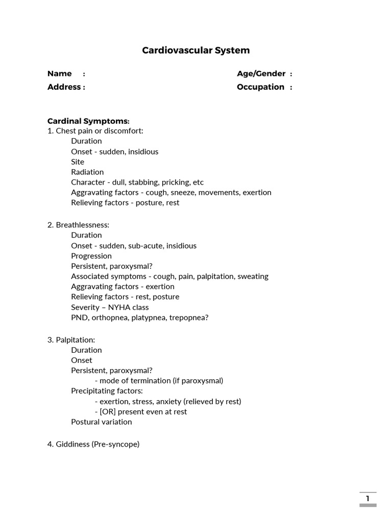 Proforma For CVS History and Examination | PDF | Diseases And Disorders ...