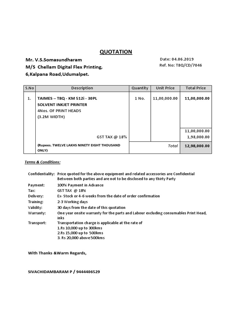Quotation for a Solvent Inkjet Printer | PDF