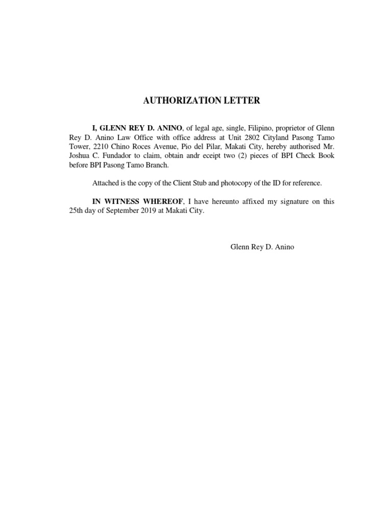Authorization Letter: I, GLENN REY D. ANINO, of Legal Age, Single ...