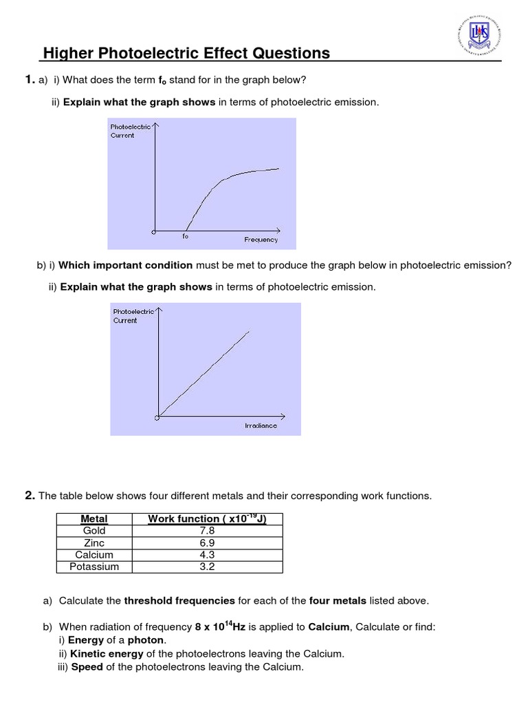 Higher Photoelectric Effect Questions: Metal Work Function (x10 J) | PDF