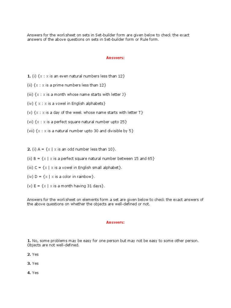 Answers For The Worksheet On Sets in Set | PDF | Alphabet | Discrete ...