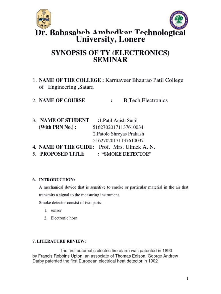 Smoke Detector Semnar Synopsis | PDF | Equipment | Measuring Instrument