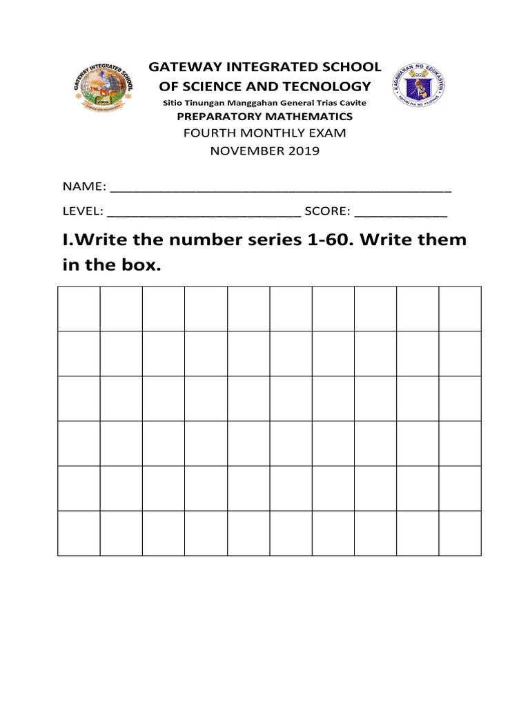 I.Write The Number Series 1-60. Write Them in The Box.: Gateway ...