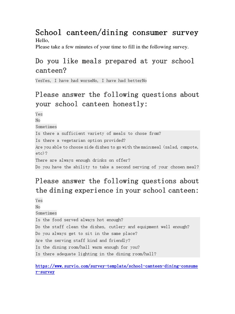 School Canteen/dining Consumer Survey: Do You Like Meals Prepared at ...