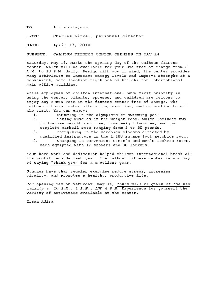 TO: From: Date: Subject: Calhoun Fitness Center Opening On May 14 | PDF ...