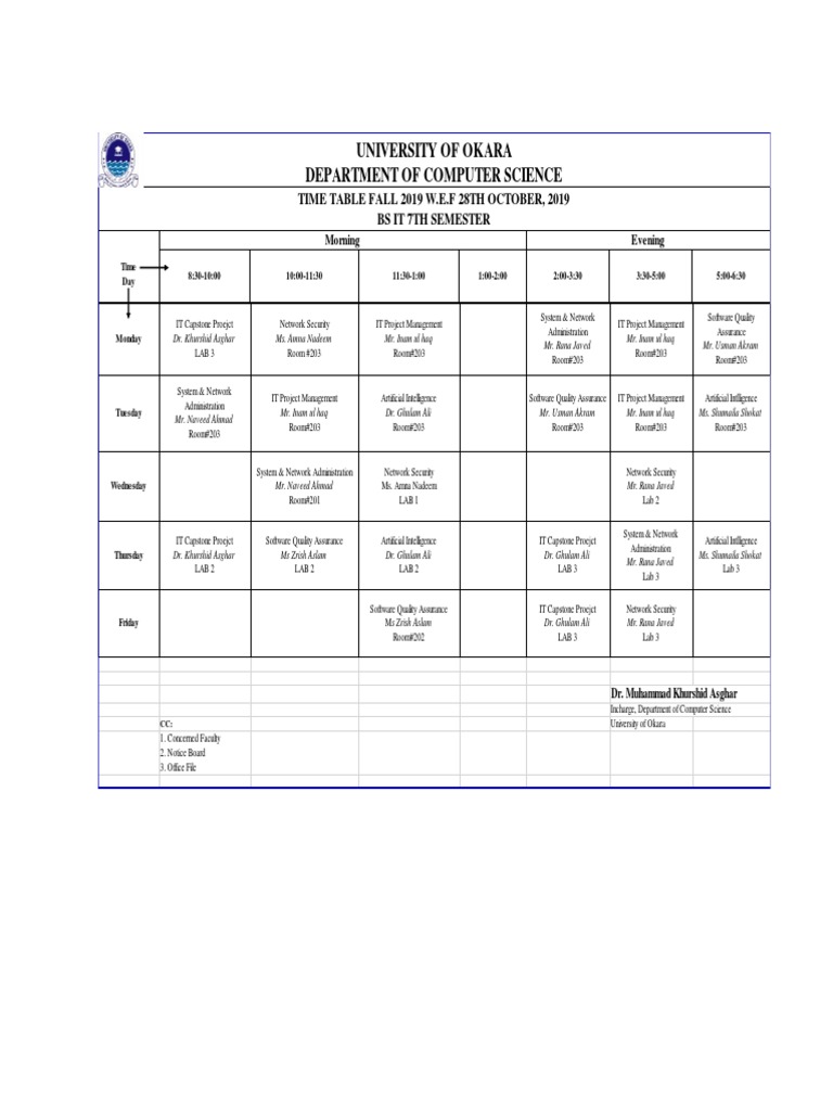 University of Okara Department of Computer Science: Time Table Fall ...