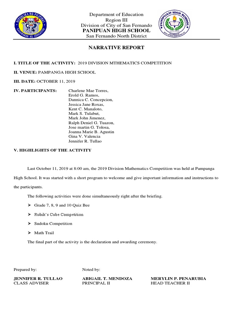 Narrative Report (2019 Mathematics Competition) | PDF